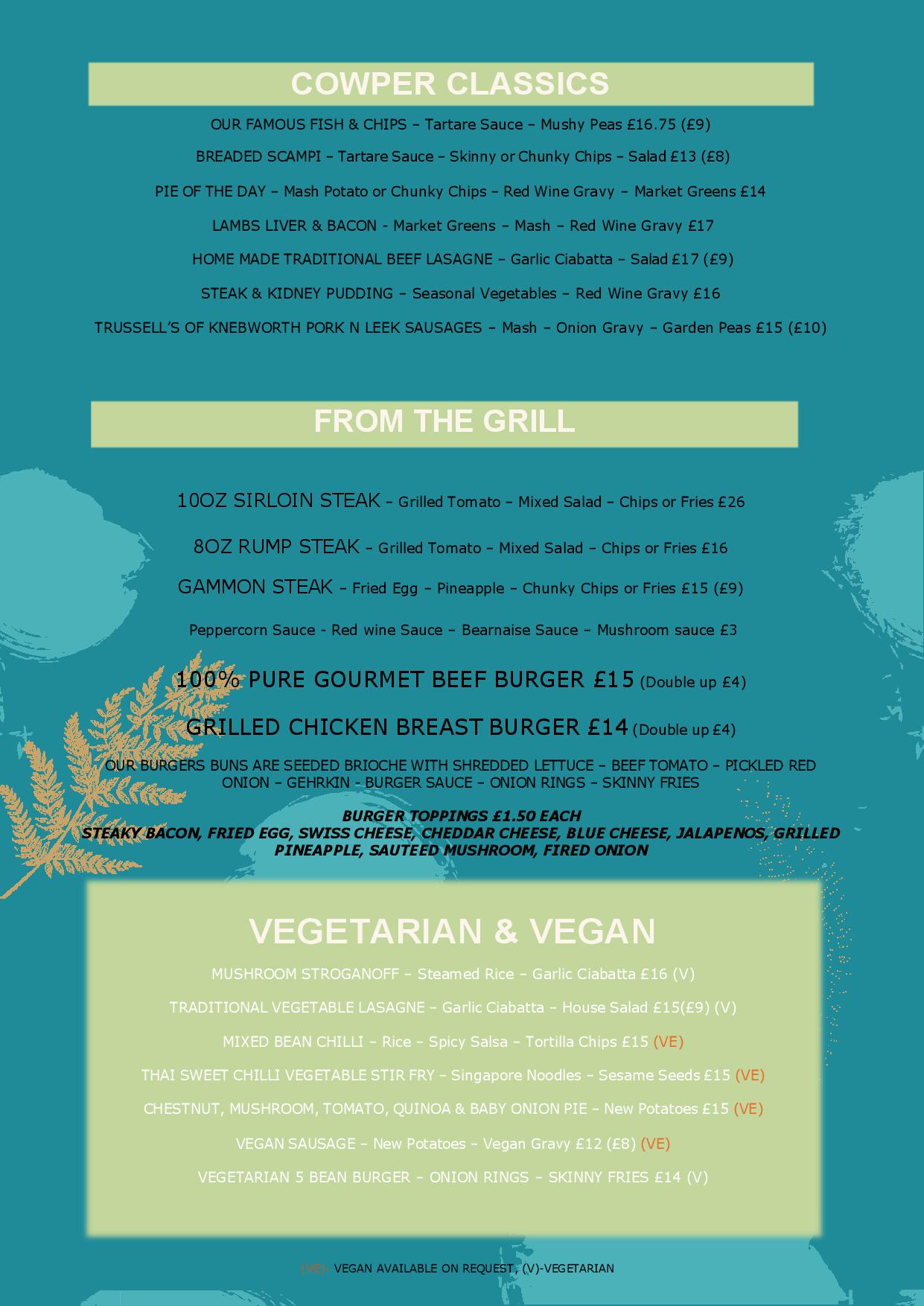 Cowper Arms Menu - Cowper Arms