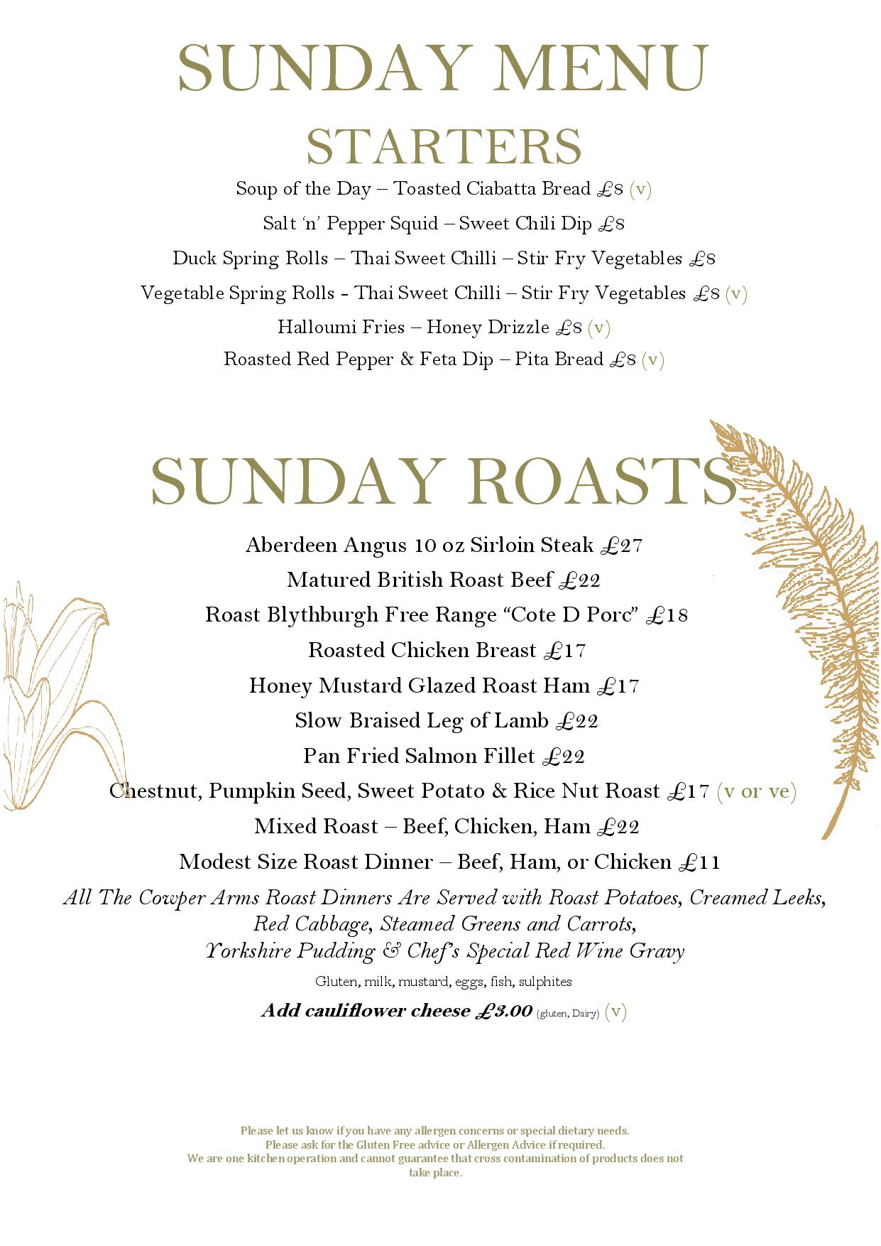 Sunday Menu - Cowper Arms